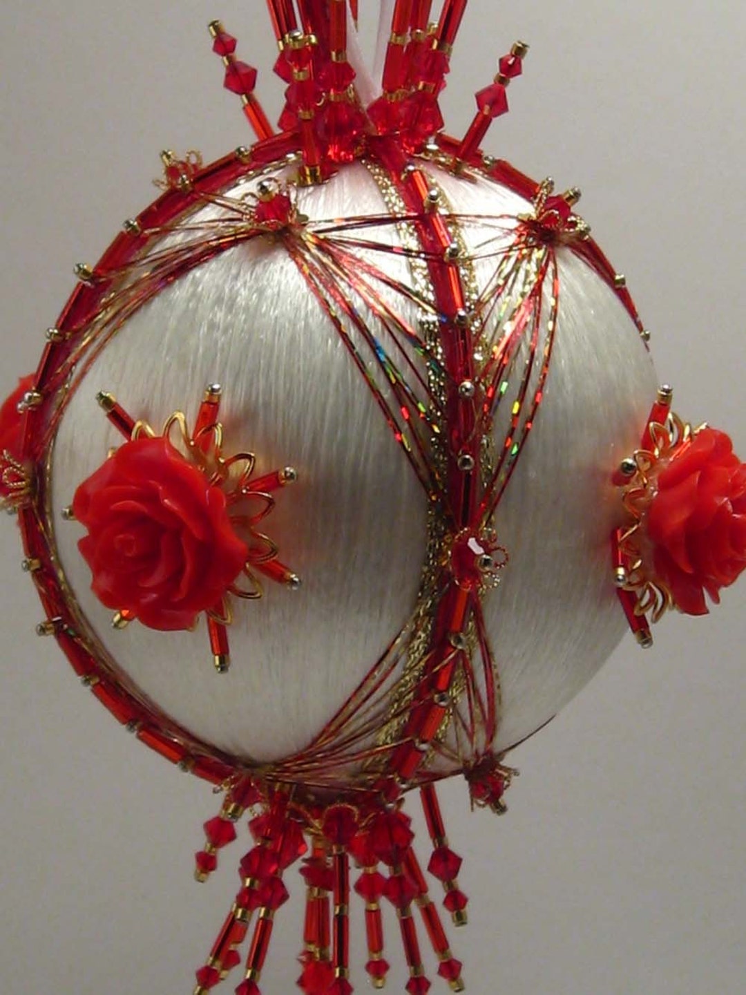 Red Red Rose Floral Theme A Finished Hand Made Beaded Satin Ornament ...