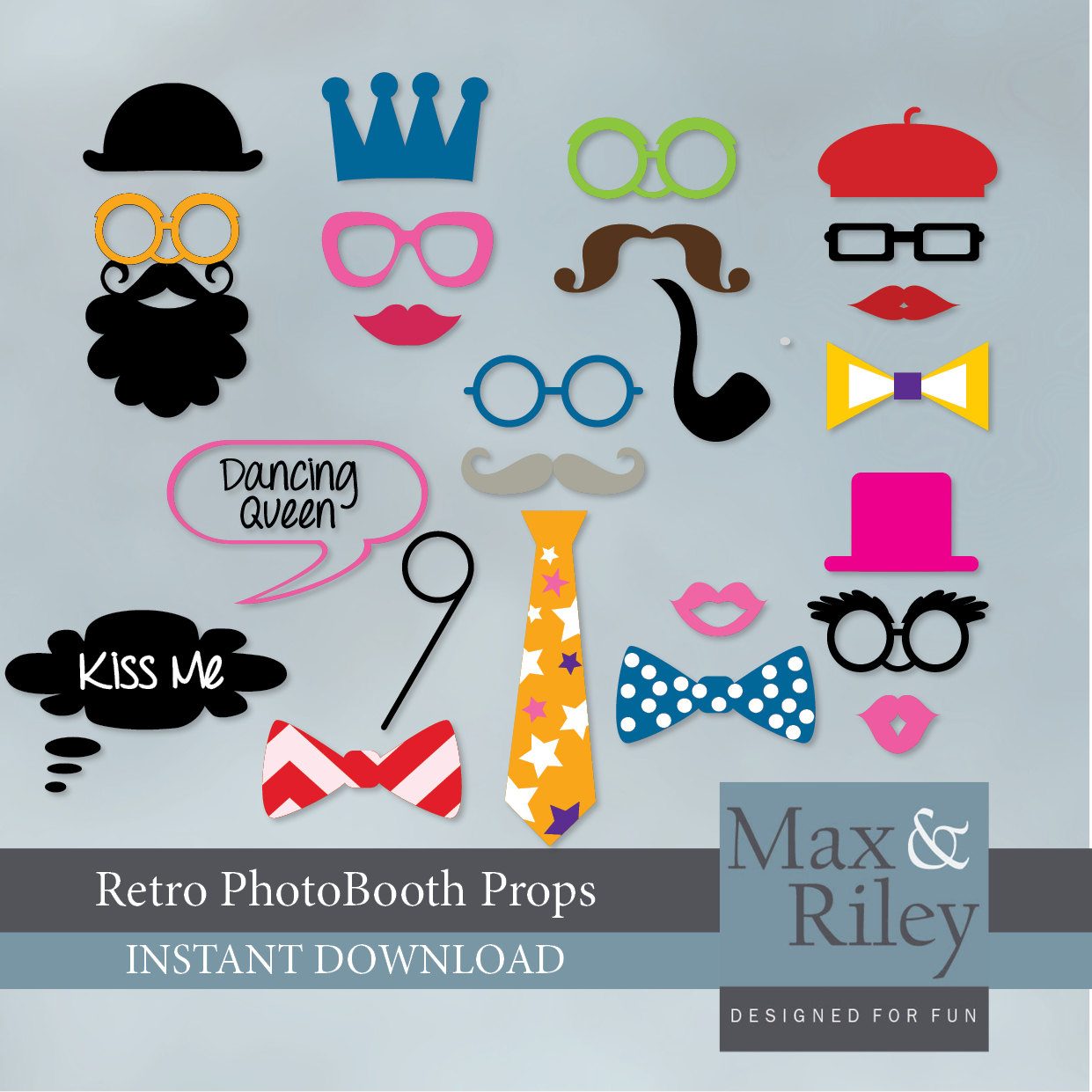 Retro Party Photobooth Props INSTANT DOWNLOAD, 50 Items Mega Pack ...