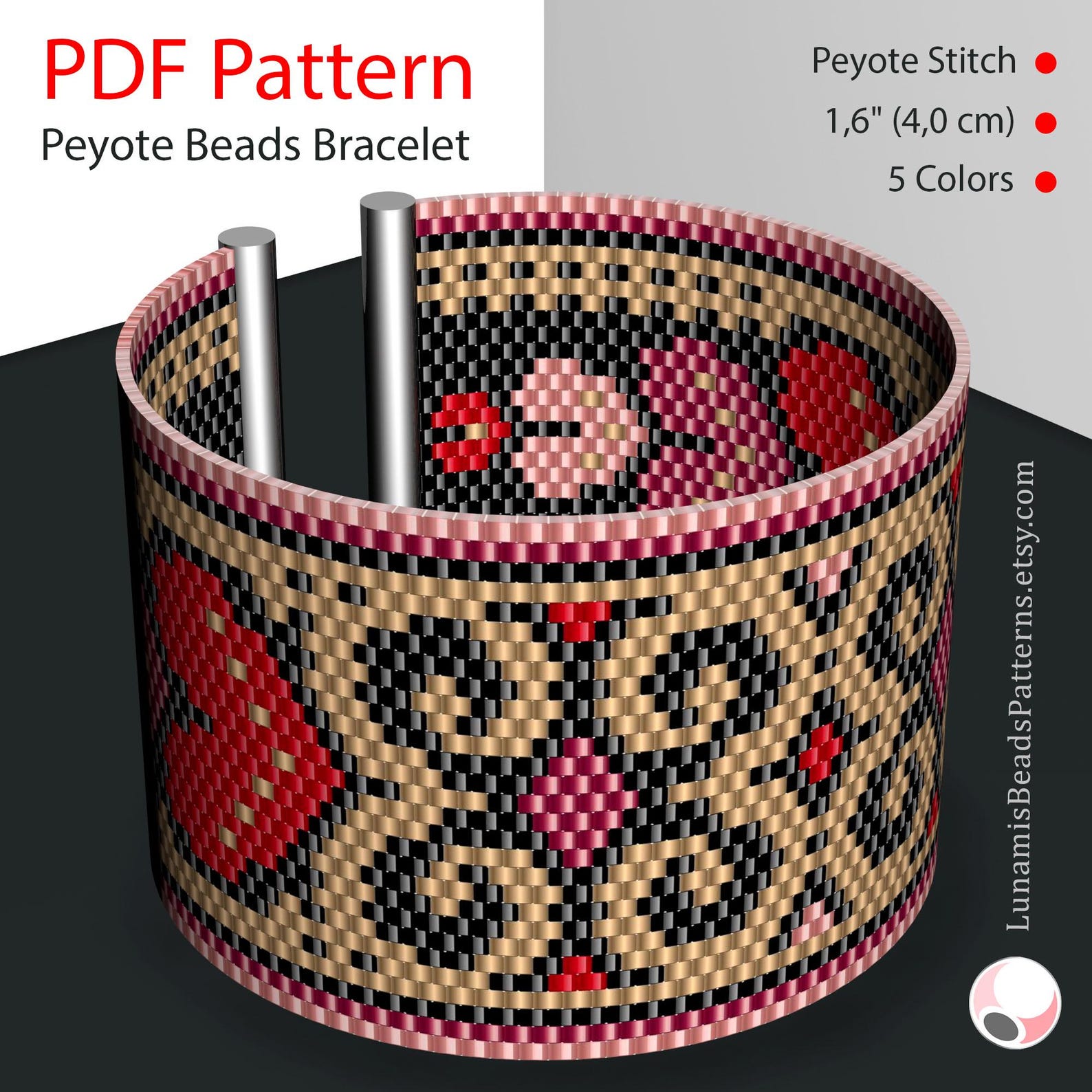Valentine's Day, Bead Pattern Peyote Bracelet, Odd Count, Heart Pattern ...