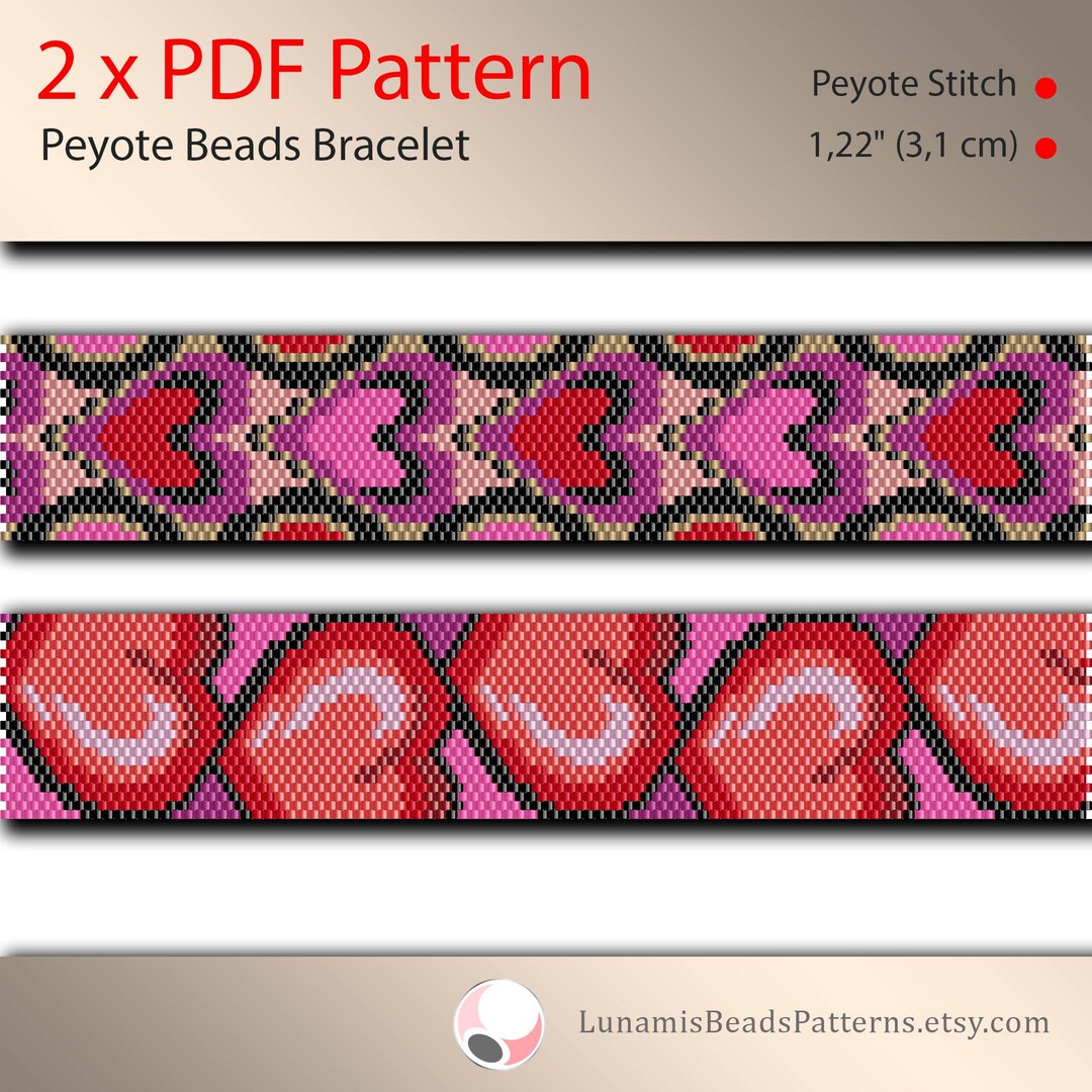 2 X Bead Peyote Bracelet Pattern, Peyote Heart Pattern, Odd Count ...