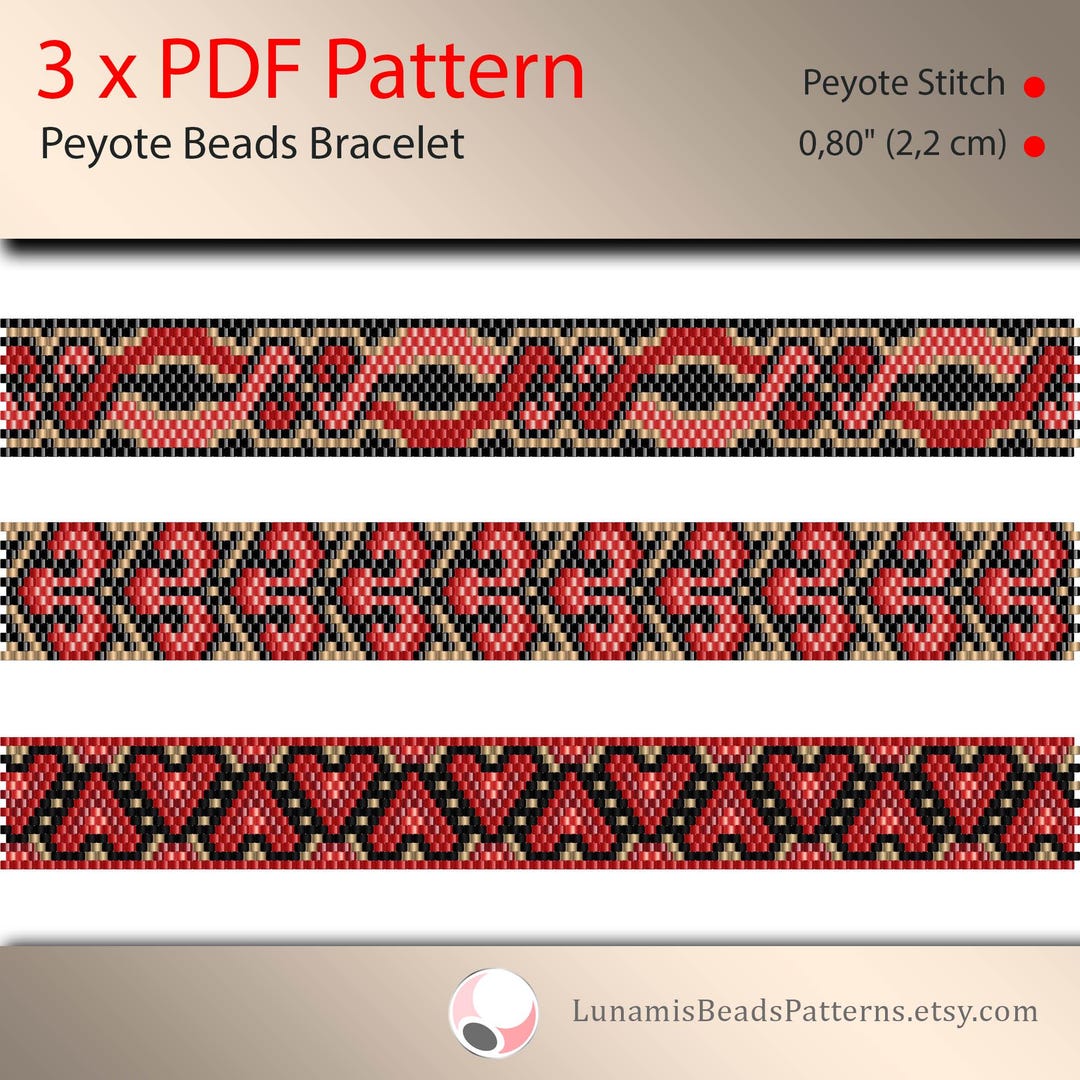 3 X Peyote Bracelet Pattern, Peyote Heart Pattern, Odd Count, Valentine ...