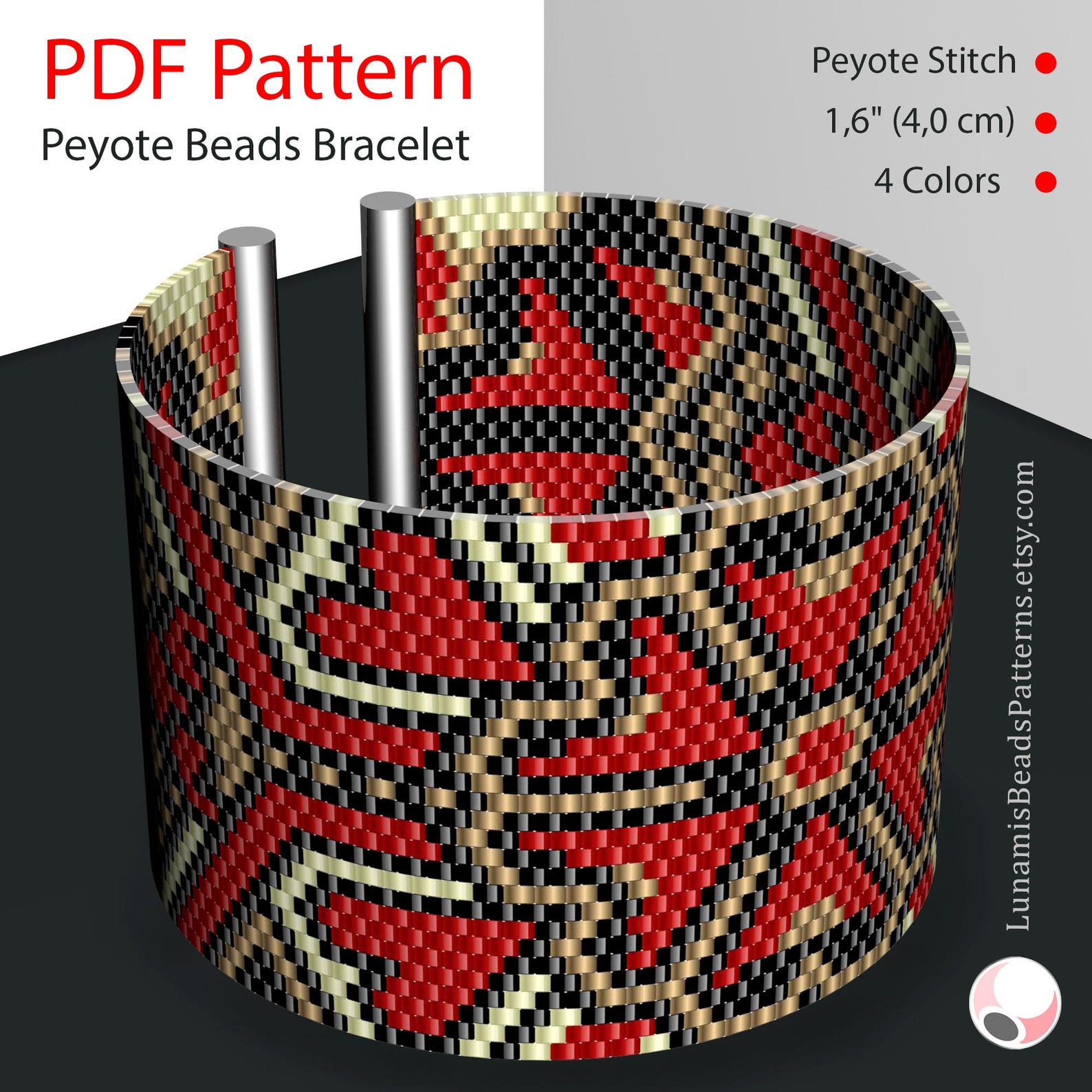 Peyote Pattern for Beaded Bracelet, Odd Count, Beadweaving, Red Heart ...