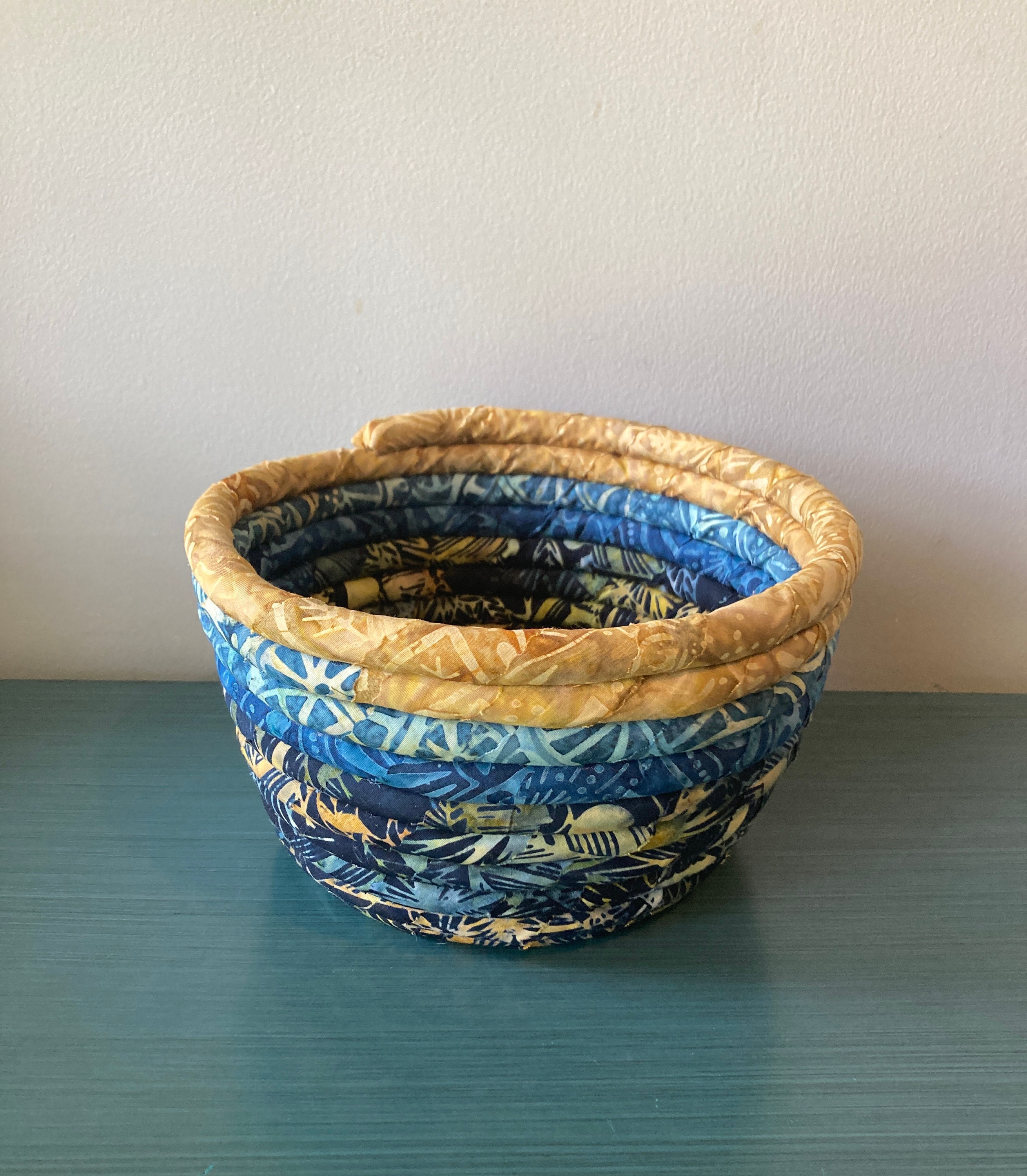 Batik Fabric Wrapped Rope Coiled Basket Navy Yellow Gold - Etsy