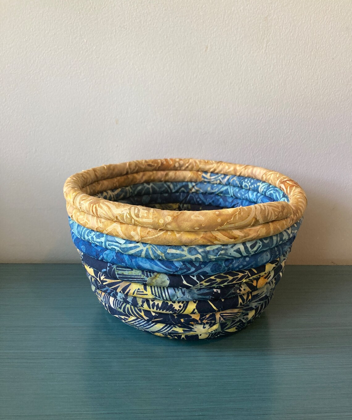 Batik Fabric Wrapped Rope Coiled Basket Navy Yellow Gold - Etsy