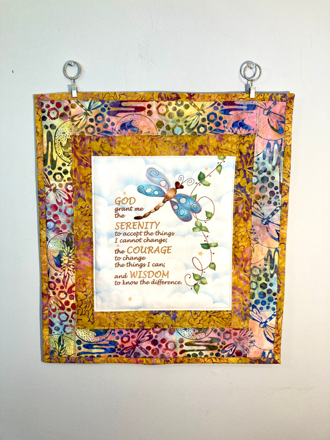 Batik Inspirational Serenity Prayer Art Quilt Wall Hanging Dragonflies ...