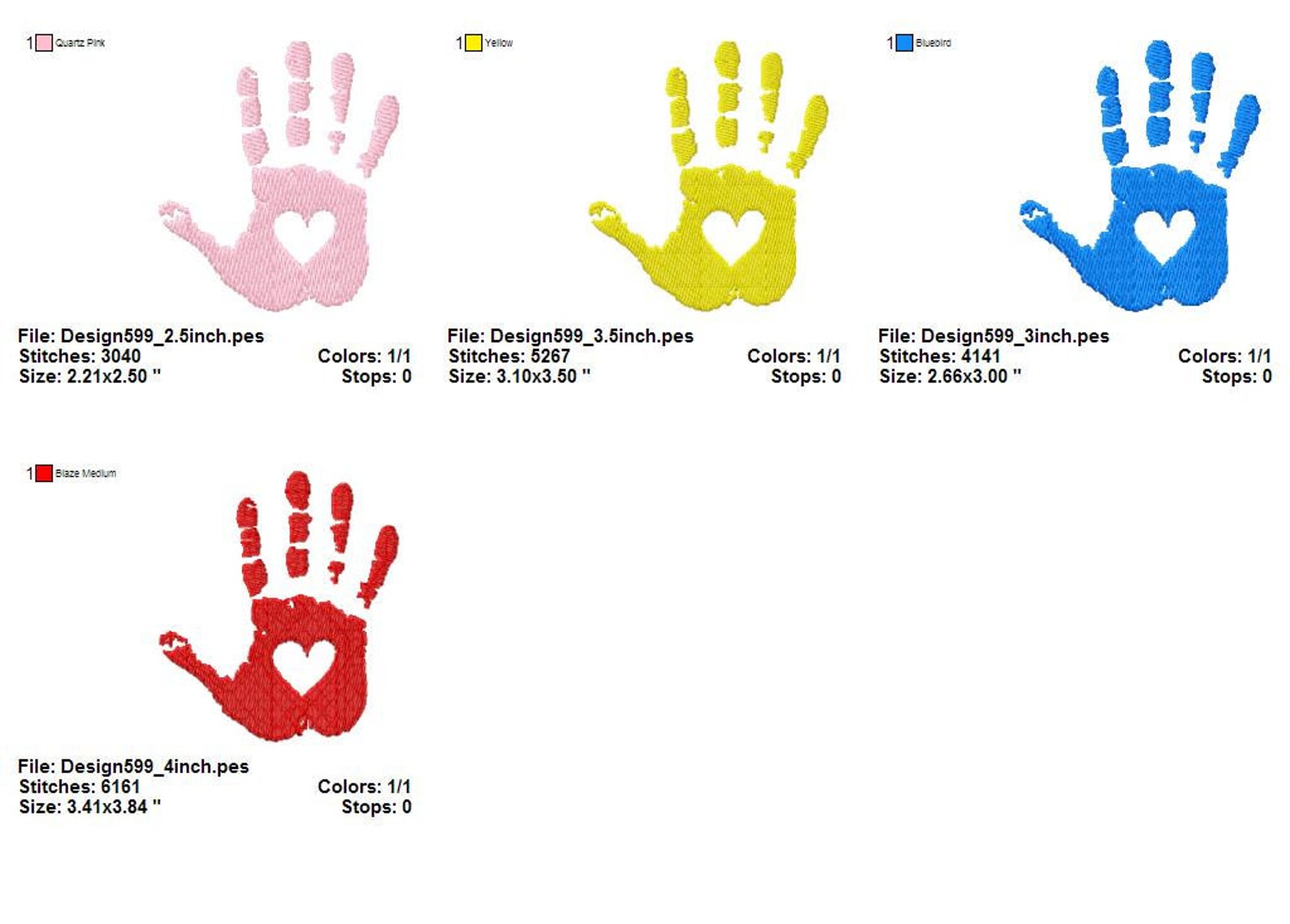 HEART HAND PRINT Embroidery Design Filled 1.5", 2.5" 3" 4" and 4.5 ...