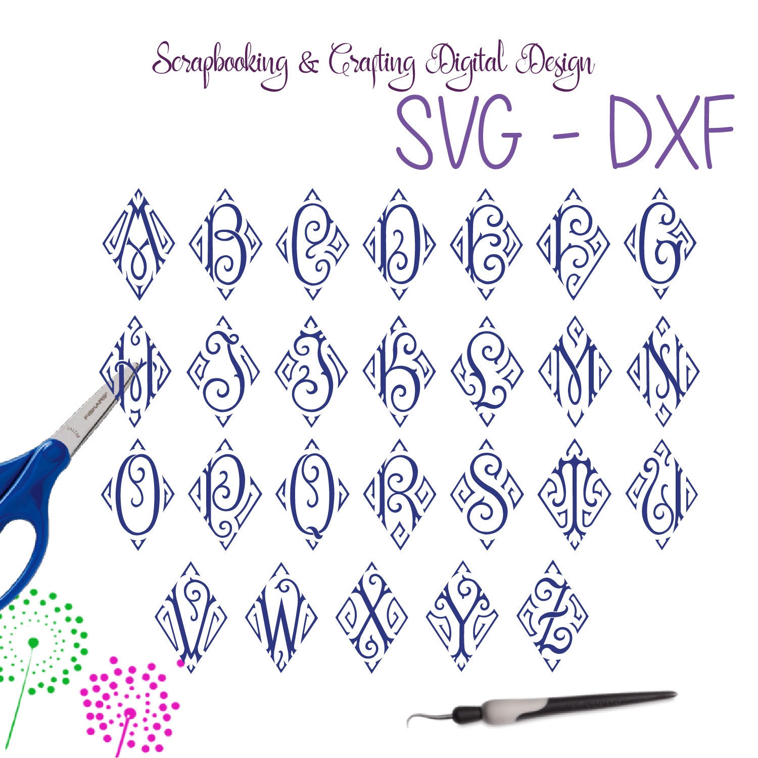 EXCLUSIVE Elegant Diamond Monogram SVG & DXF Font Cut Files | Etsy
