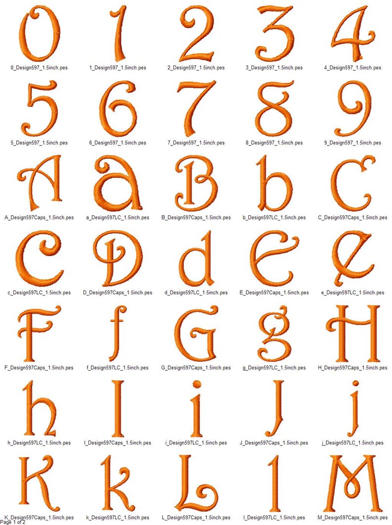 HARRINGTON FONT Embroidery Design 3 Sizes Upper and Lower and Numbers ...