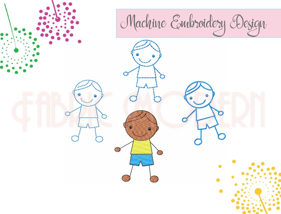 STICK FIGURES Boy Embroidery Design 6 Sizes Redwork Filled Column and ...
