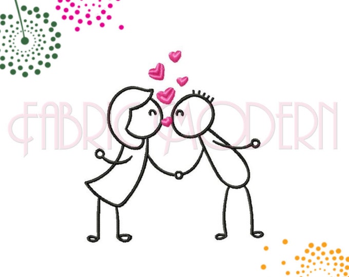 Stick People Couple LOVE Heart Embroidery Design 2 Sizes Each INSTANT ...
