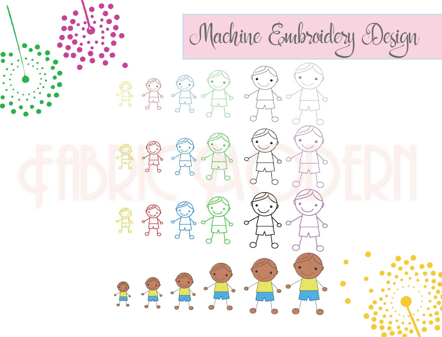 STICK FIGURES Boy Embroidery Design 6 Sizes Redwork Filled | Etsy