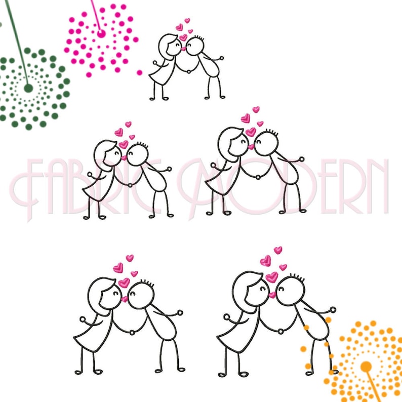 STICK FIGURES Couple Kissing Embroidery Design Girl and Boy With Hearts ...