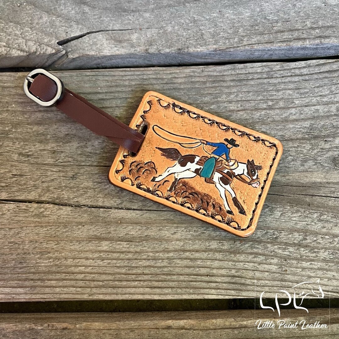 Roper Luggage Tag Tooled Leather Paint Horse Western Team Roping ...