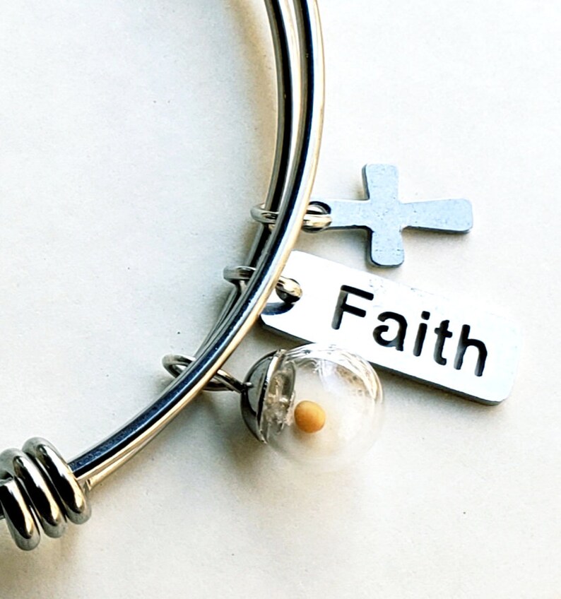 Mustard Seed Charm Bangle Bracelet by Boomdyada, Stainless Steel, Cross ...