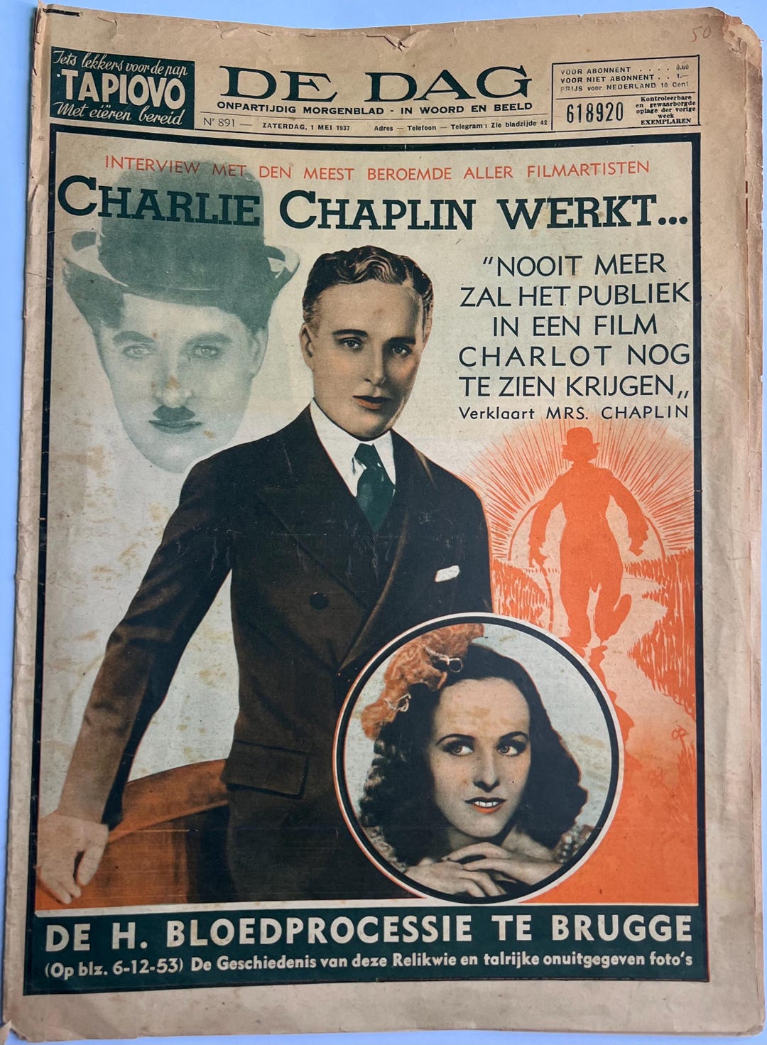 Original Gorgeous 1937 Dutch De Dag Charlie Chaplin Magazine Newspaper ...