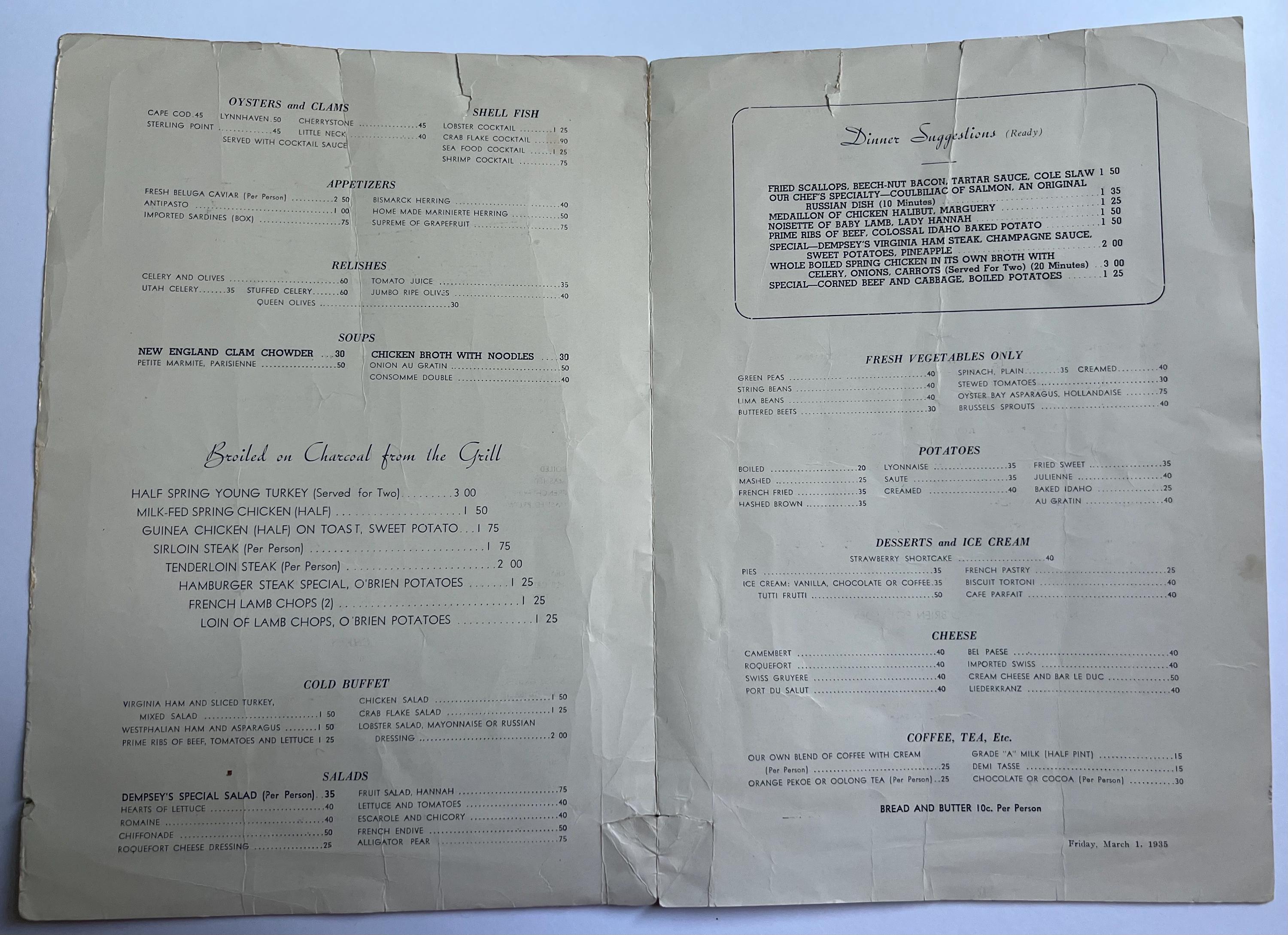 VERY RARE 1935 Jack Dempsey Autographed Dempsey Restaurant Menu 1st ...