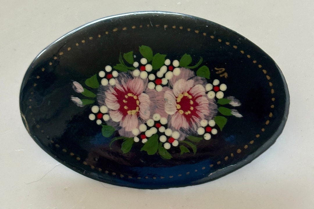 Hand Painted Floral Black Enamel Brooch Pin Pink Flowers Russia Soviet ...