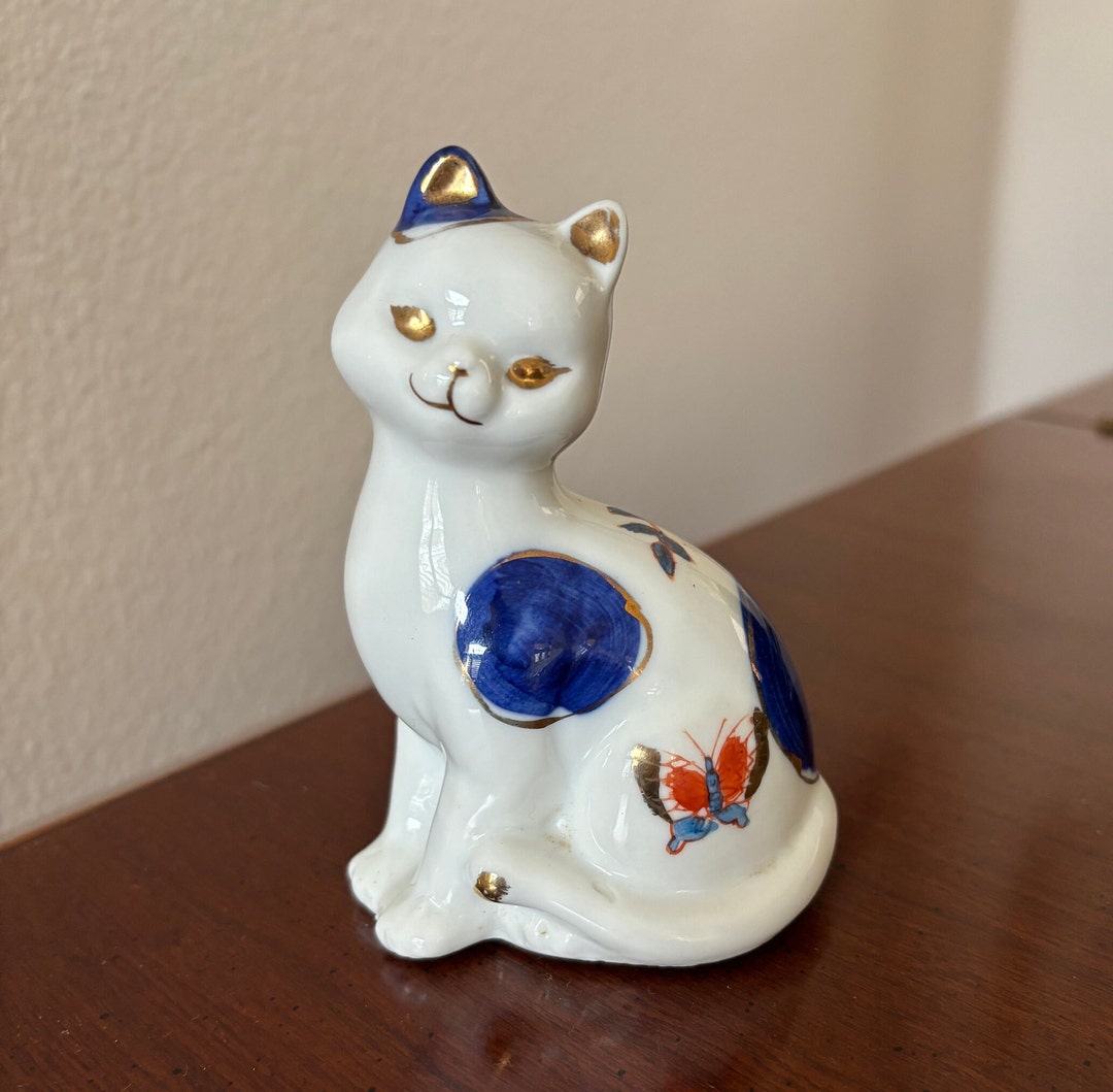 Vintage Porcelain China Cat Figurine Blue White Gold Asian Design ...