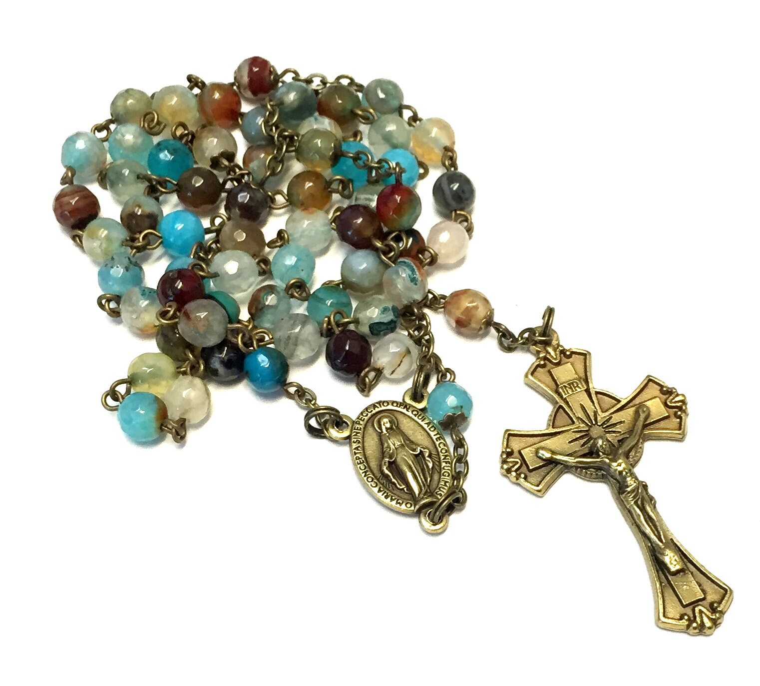 Vintage Style Catholic Handmade Rosary in Colorful Agate With a ...