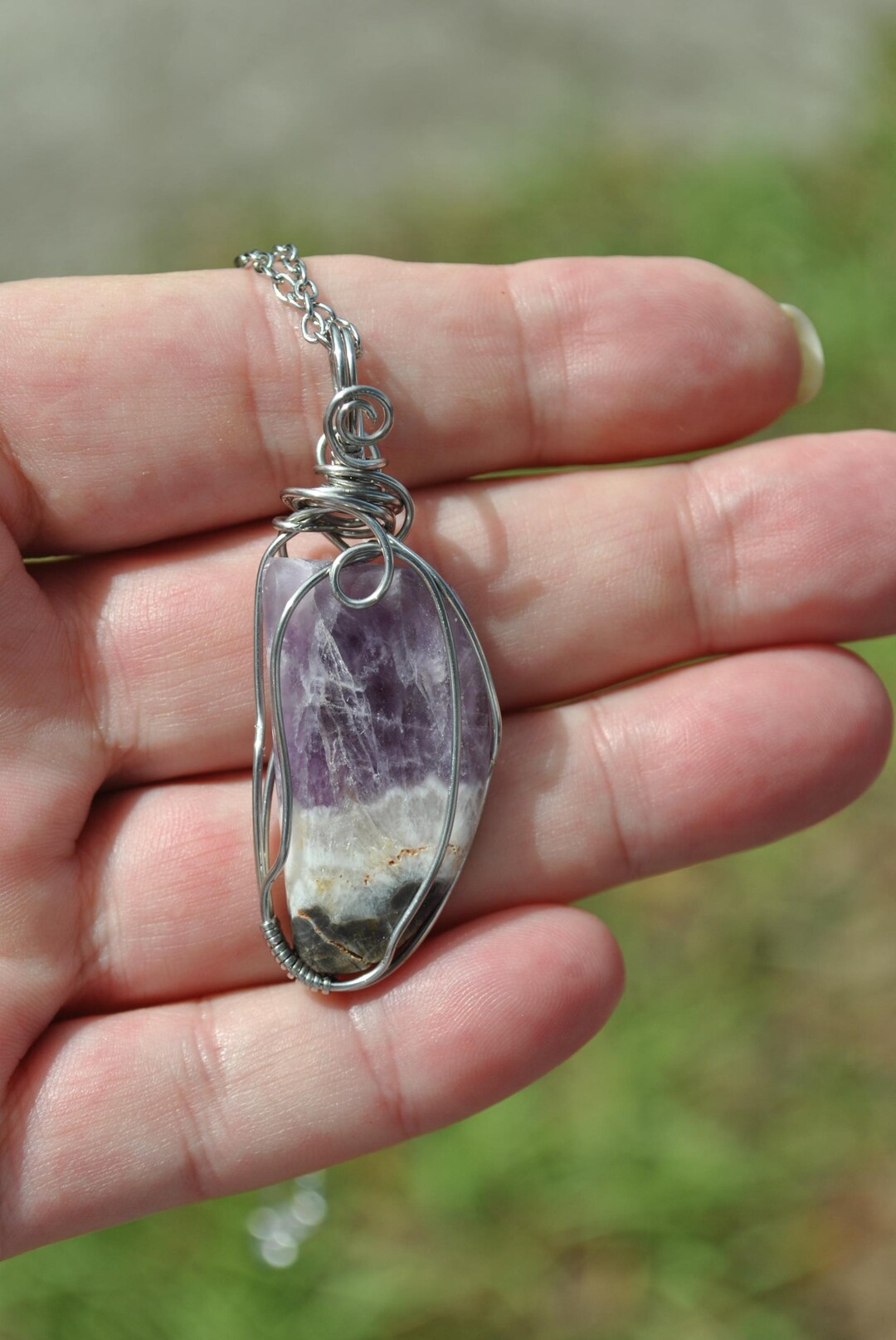 Stainless Steel Wire Wrapped Amethyst Necklace - Handcrafted Tri-color ...