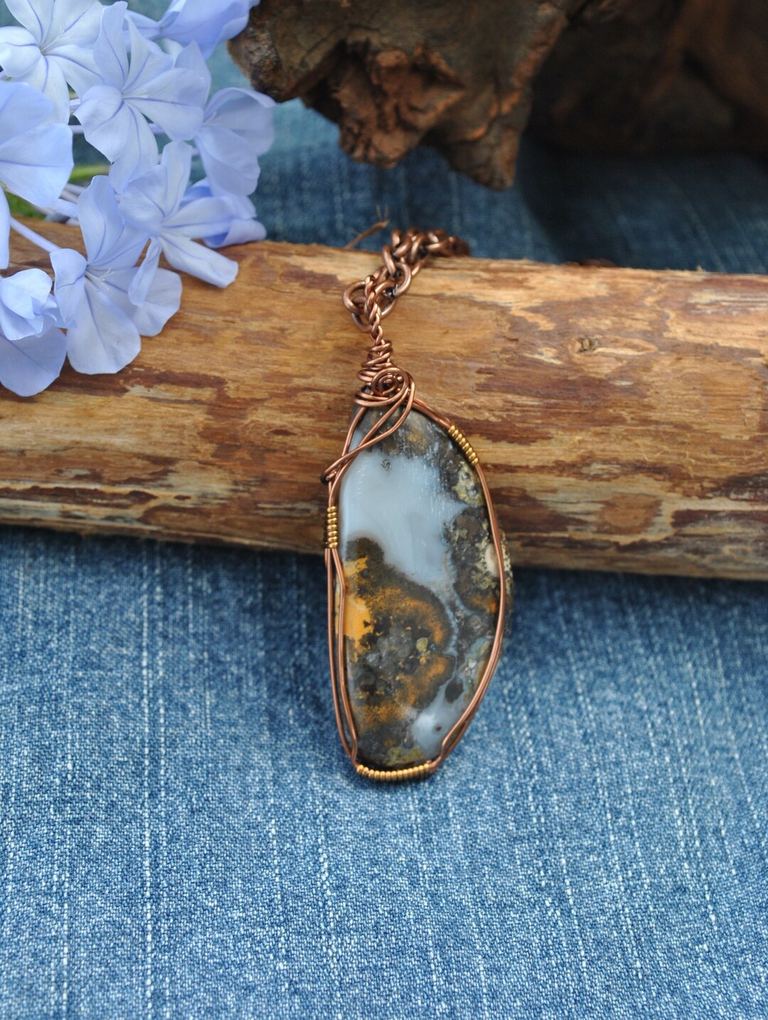 Black and Yellow Agate Pendant; Wire Wrapped Stone; Copper Wire Wrap ...
