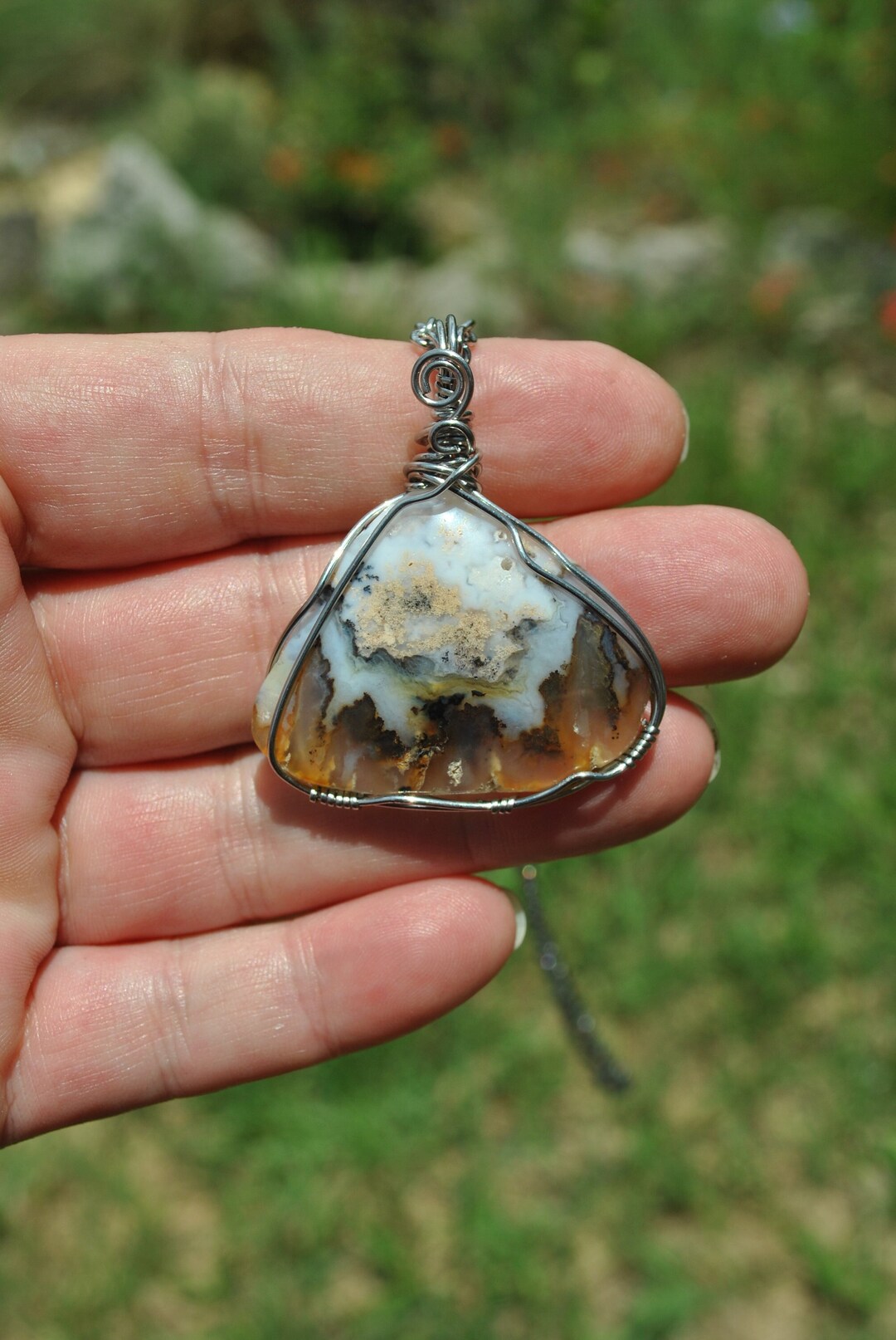 Graveyard Point Plume Agate Pendant Triangle Stone Pendant Wire Wrap ...