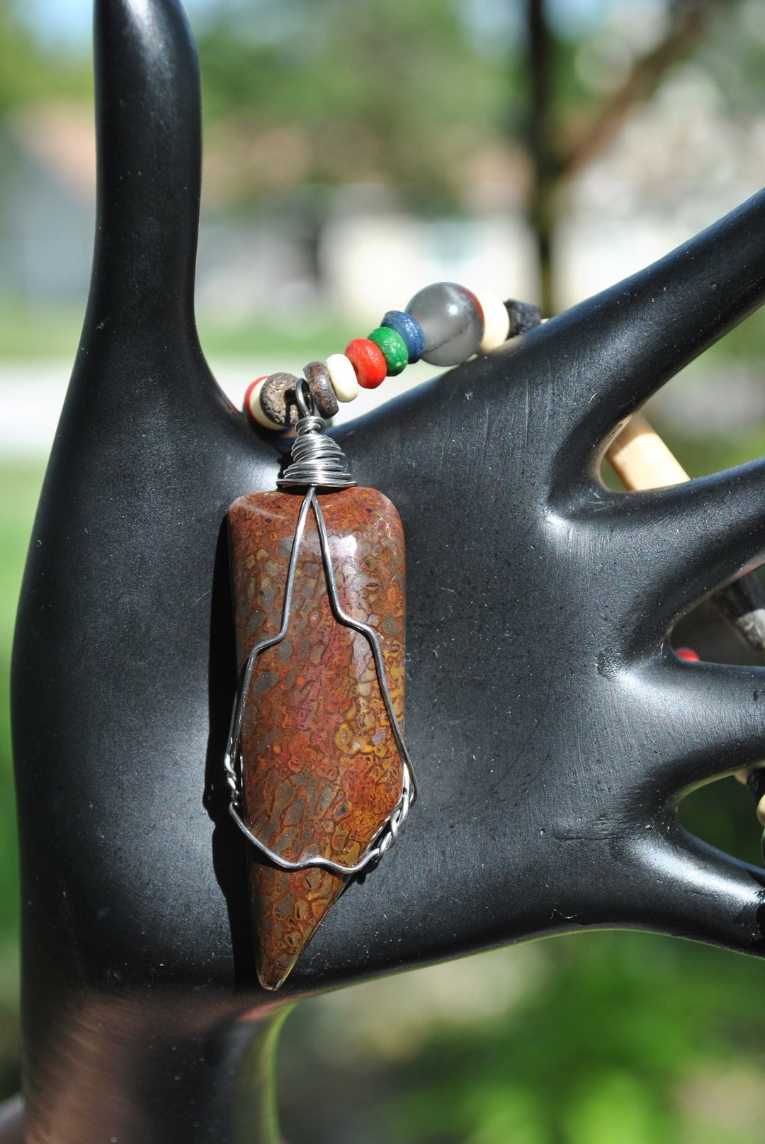 Agatized Dinosaur Bone Pendant; Bone Bead Necklace; Bloodstone Bead ...