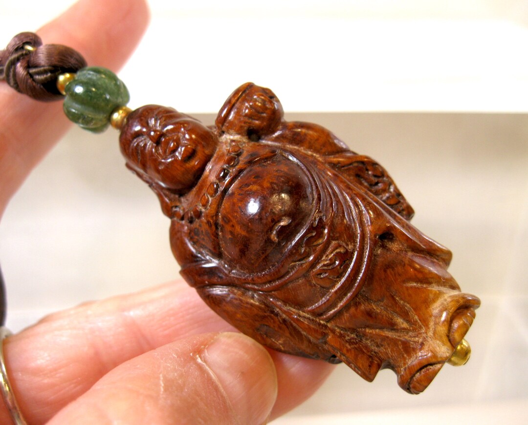Older Asian Wood Netsuke Jade Mellon Gold Plated Bead and Cord - Etsy