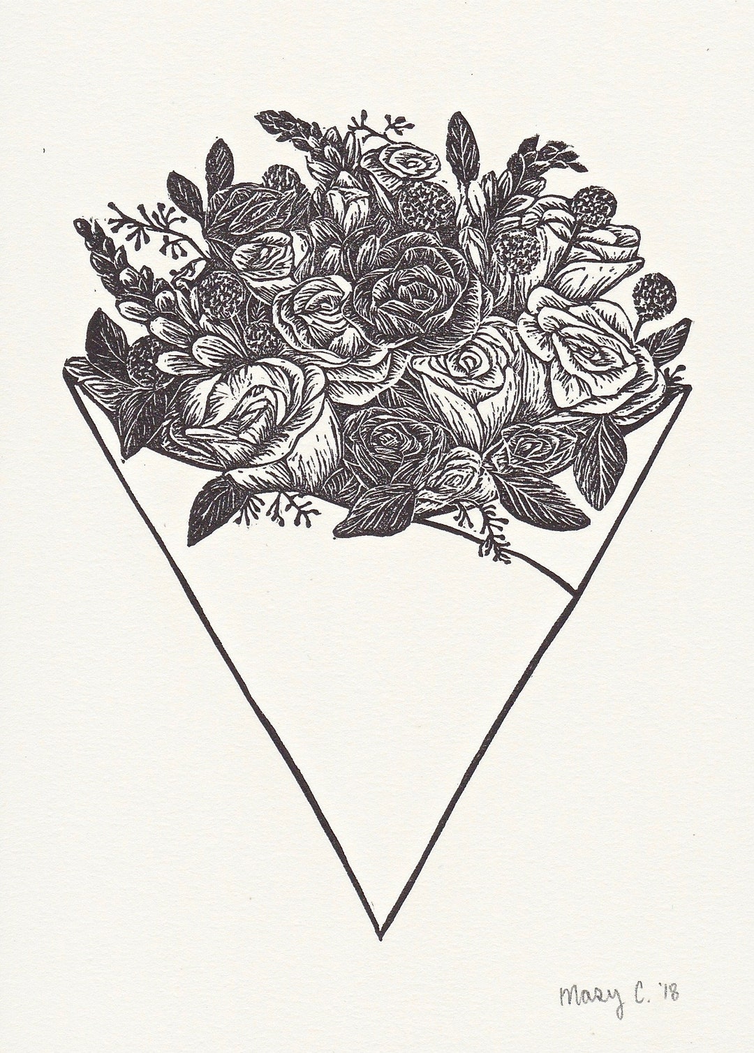 Flower Bouquet Original Block Print, Flower Gifting, Neutral Botanical ...