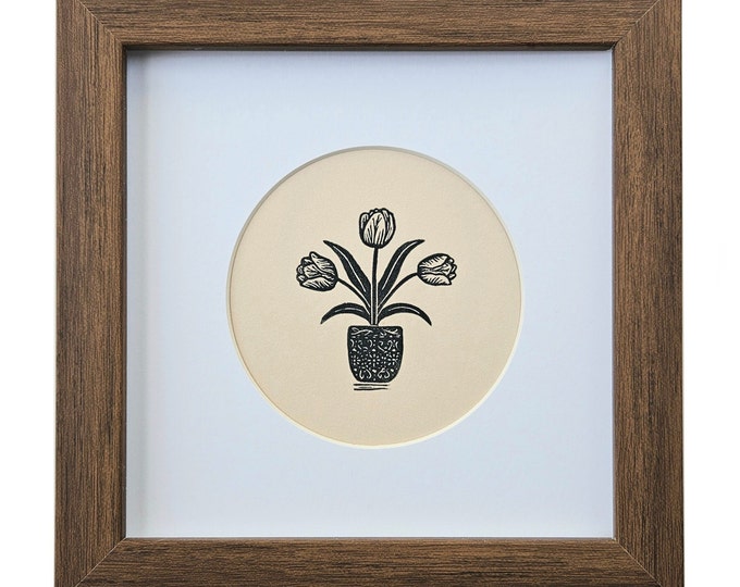 Tiny Tulips Original Block Print - Neutral Botanical Wall Art - Small ...