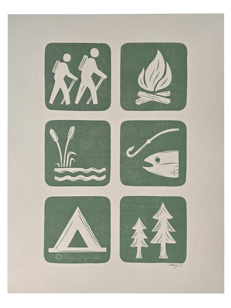 National Park Symbols Original Block Print - Nature Symbols Wall Art - Etsy