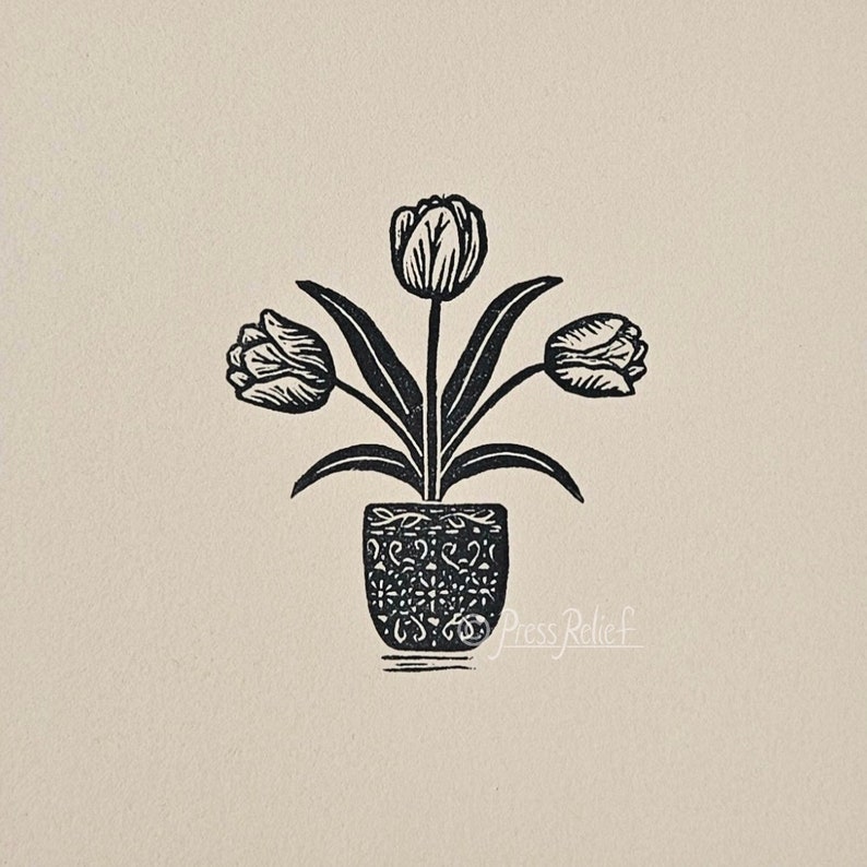 Tiny Tulips Original Block Print - Neutral Botanical Print - Small ...