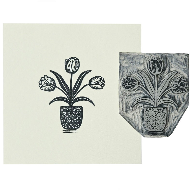 Tiny Tulips Original Block Print - Neutral Botanical Print - Small ...