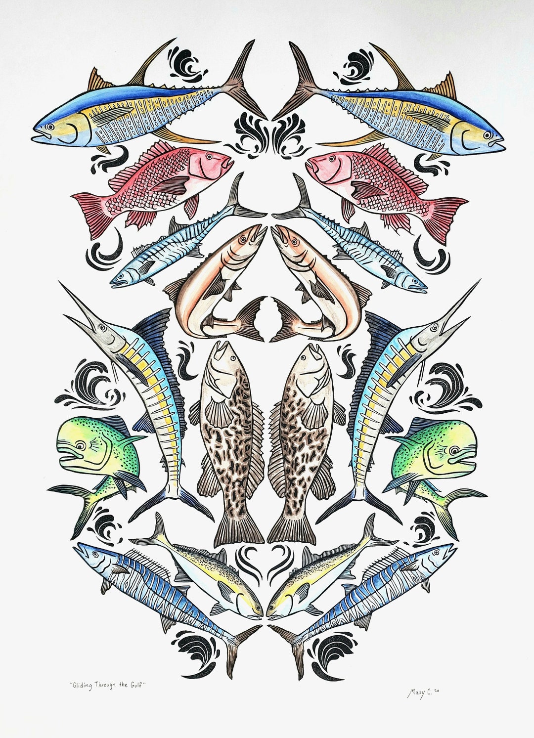 Fish of the Gulf of Mexico Linocut Block Print - Fish Pattern Art Print ...