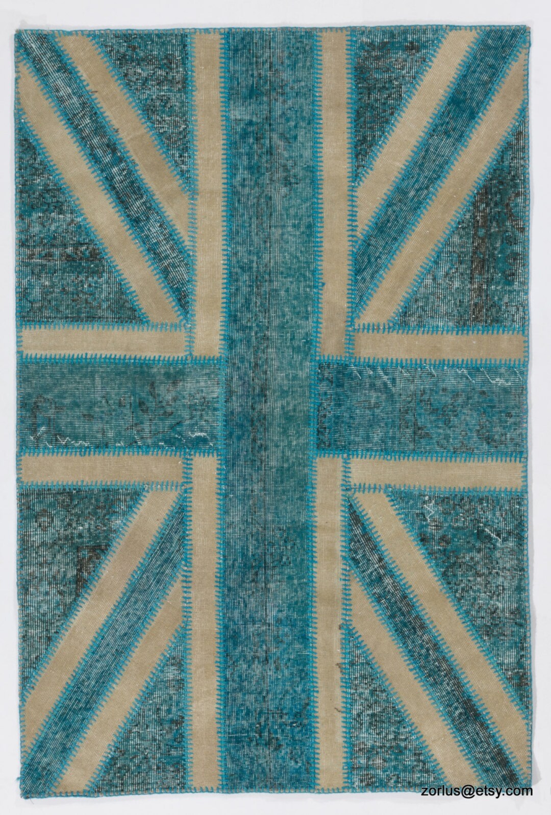 Turquoise Union Jack Rug: Patchwork British Flag, Hand-knotted Turkish ...