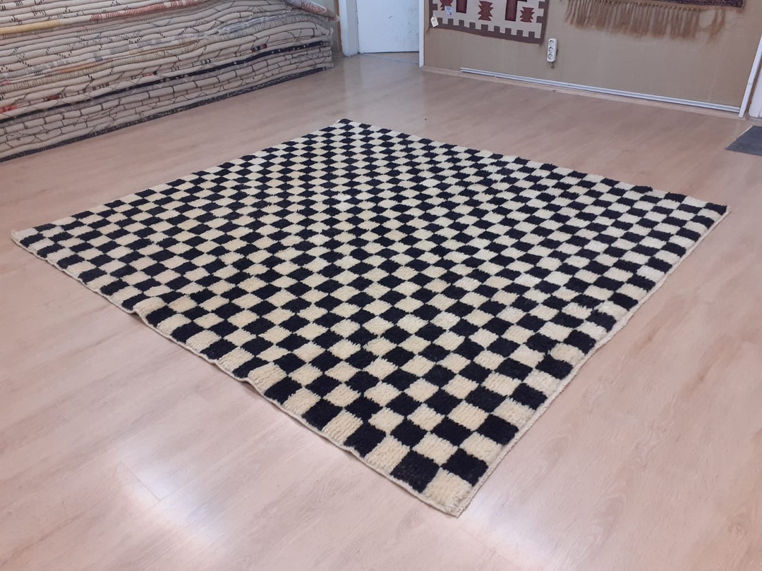 Checkered Design Black & White Tulu Rug, Medium Wool Pile Rug, Handmade ...