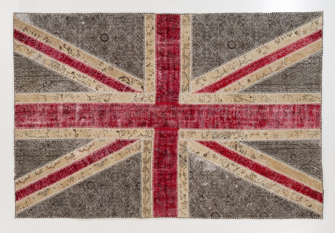 Union Jack British Flag Design Patchwork Rug, Grey, Red & Beige United ...