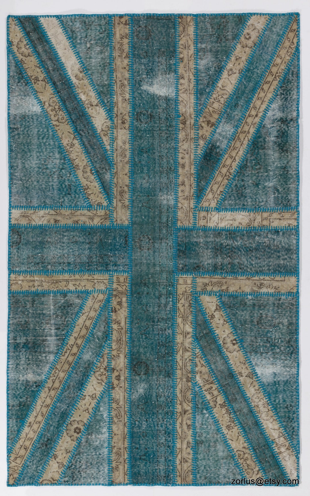 Union Jack Patchwork Rug: Turquoise & Teal British Flag, Hand-stitched ...