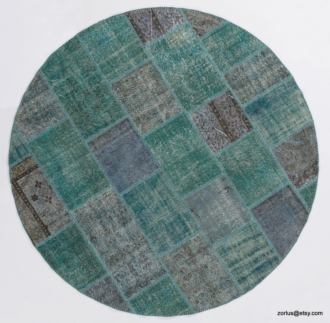 Round Turquoise Blue Color Handmade Turkish Patchwork Rug, Circular - Etsy