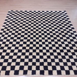 Checkered Design Black & White Tulu Rug, Medium Wool Pile Rug, Handmade ...