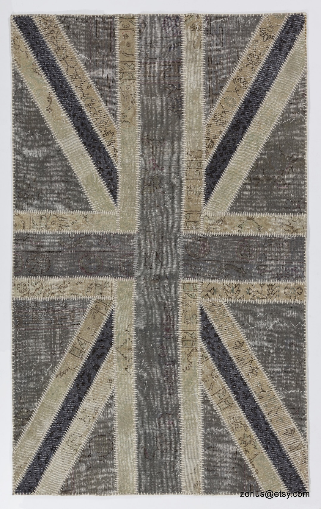Union Jack British Flag Design Patchwork Rug, Grey & Beige, Faded Gray ...