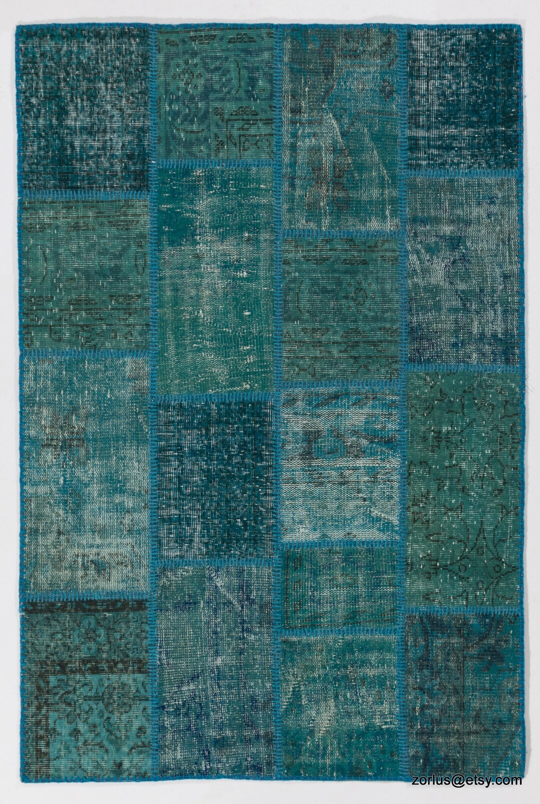 Turquoise Blue Patchwork Rug: Hand-knotted Turkish Wool - Etsy