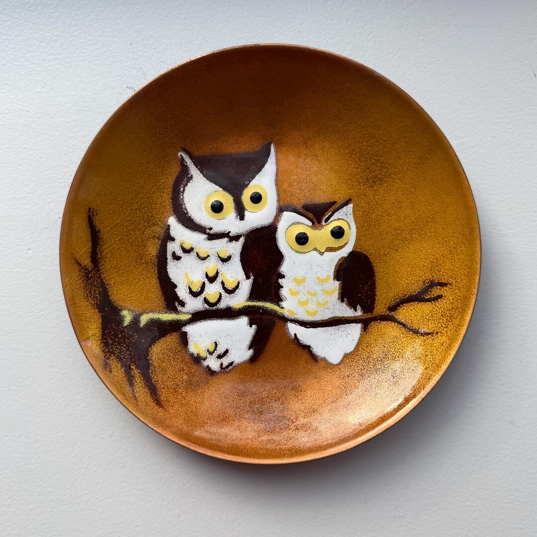 Bovano of Cheshire Conn MCM Enamelware Metal Plate Decor Hoot OWLS Tree ...