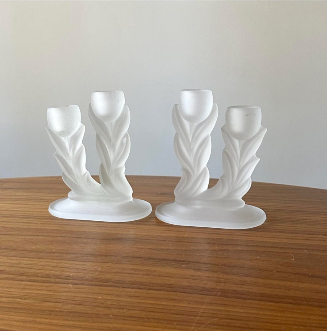 Frosted Glass Tulip Candle Holder Set, Vintage Candlestick Holders ...