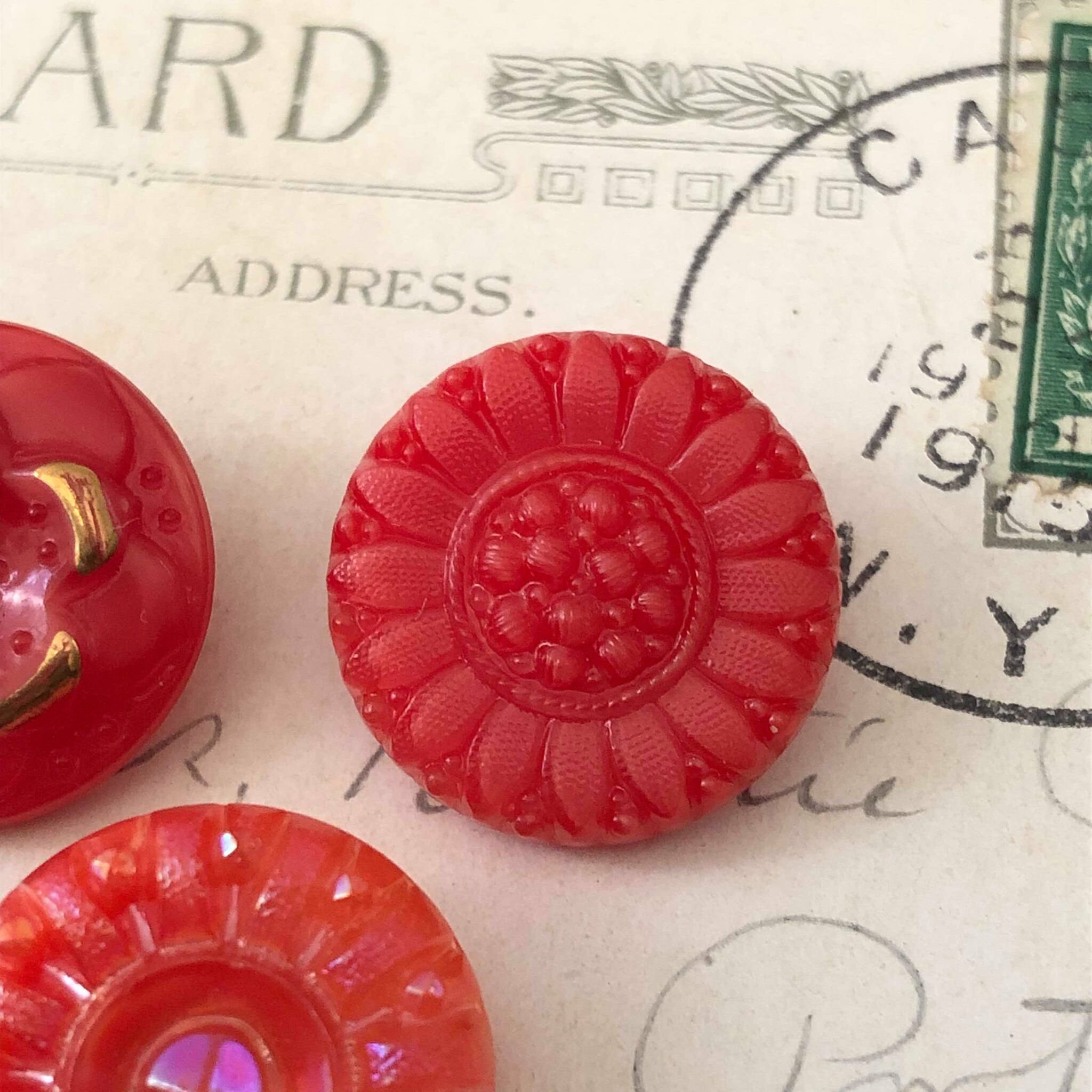Red Floral Czech Glass Buttons Set of Three | Etsy