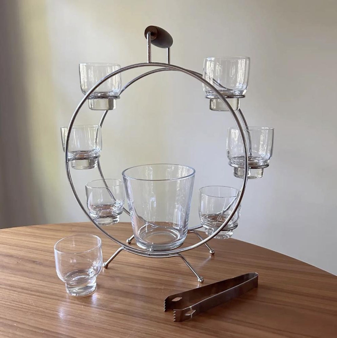 Vintage "ferris Wheel" Cocktail Caddy: Seven Bar Glasses, One Ice Buck ...