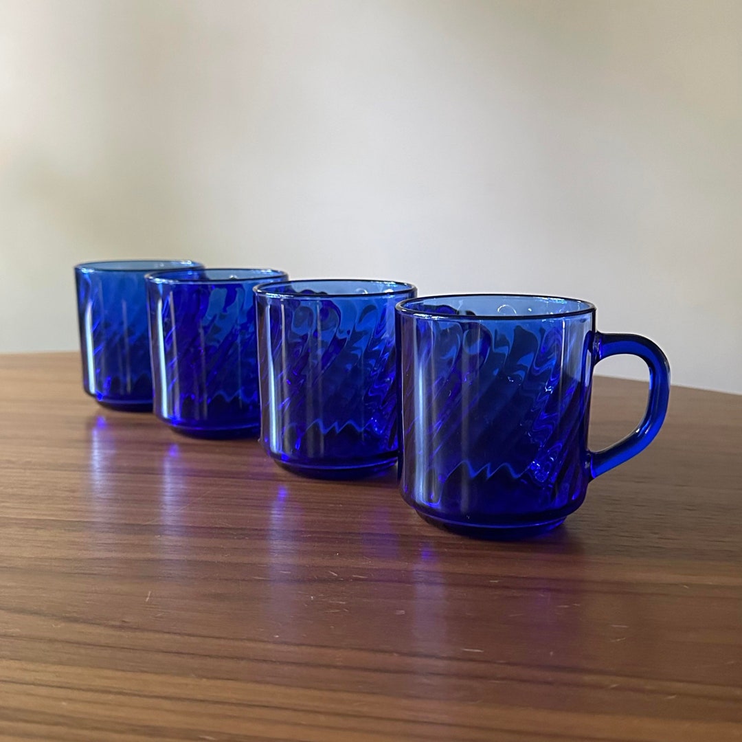 Arcoroc France Blue Glass Mugs, Set of 4, Vintage Glass, Kitchen ...