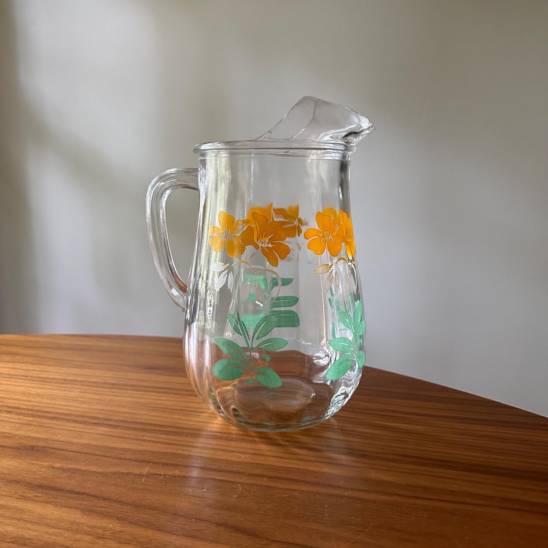 1960s Floral Mod Glass Pitcher, Yellow and Orange Pitcher, Floral ...