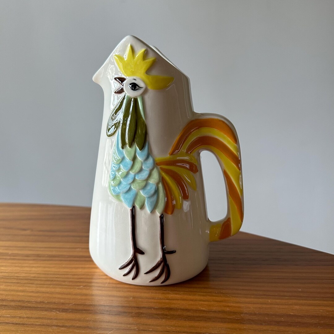 1970s Ceramic Rooster Pitcher, Yellow and Orange Pitcher, Rooster ...