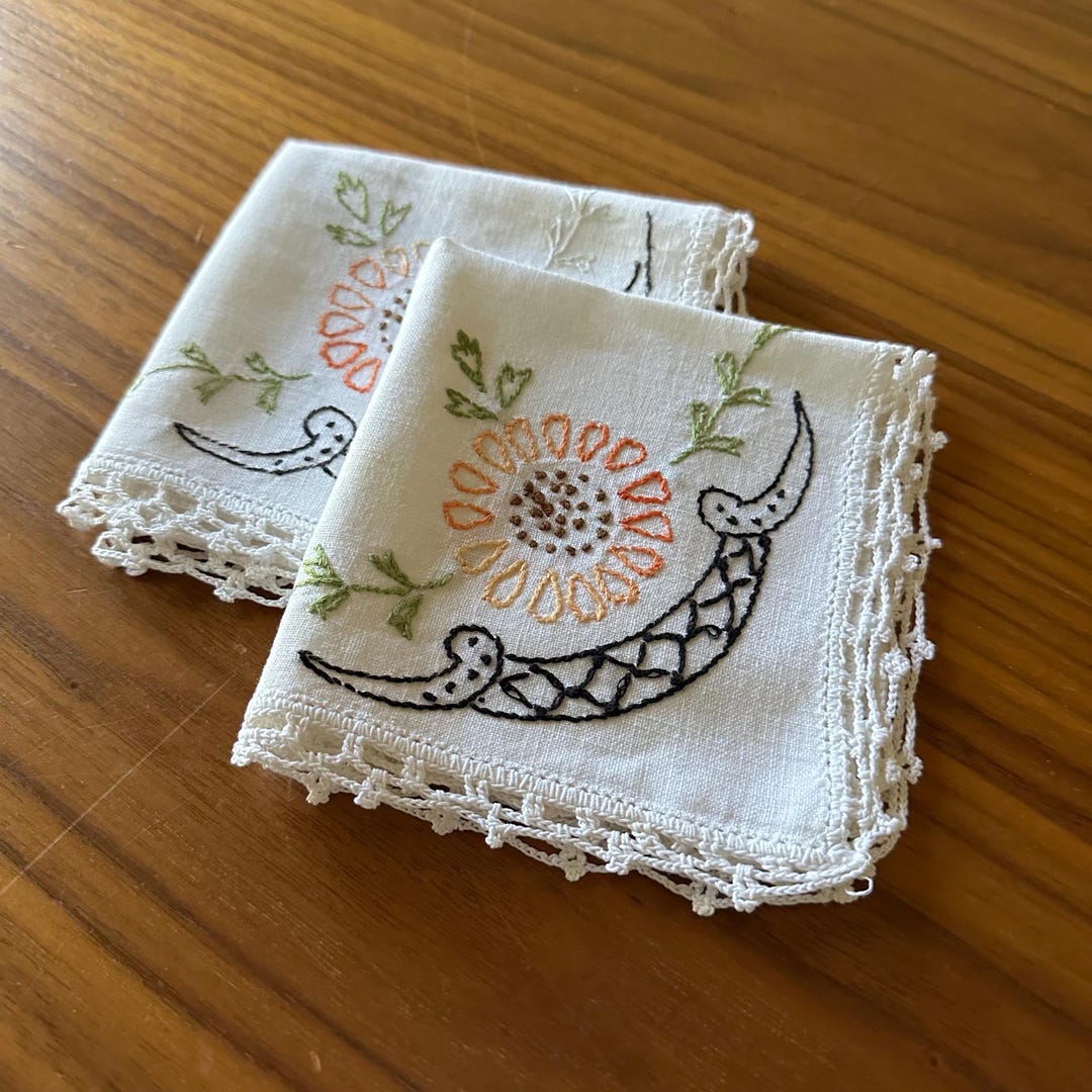 Vintage Embroidered Handkerchief, Set of Two, Vintage Handkerchiefs ...